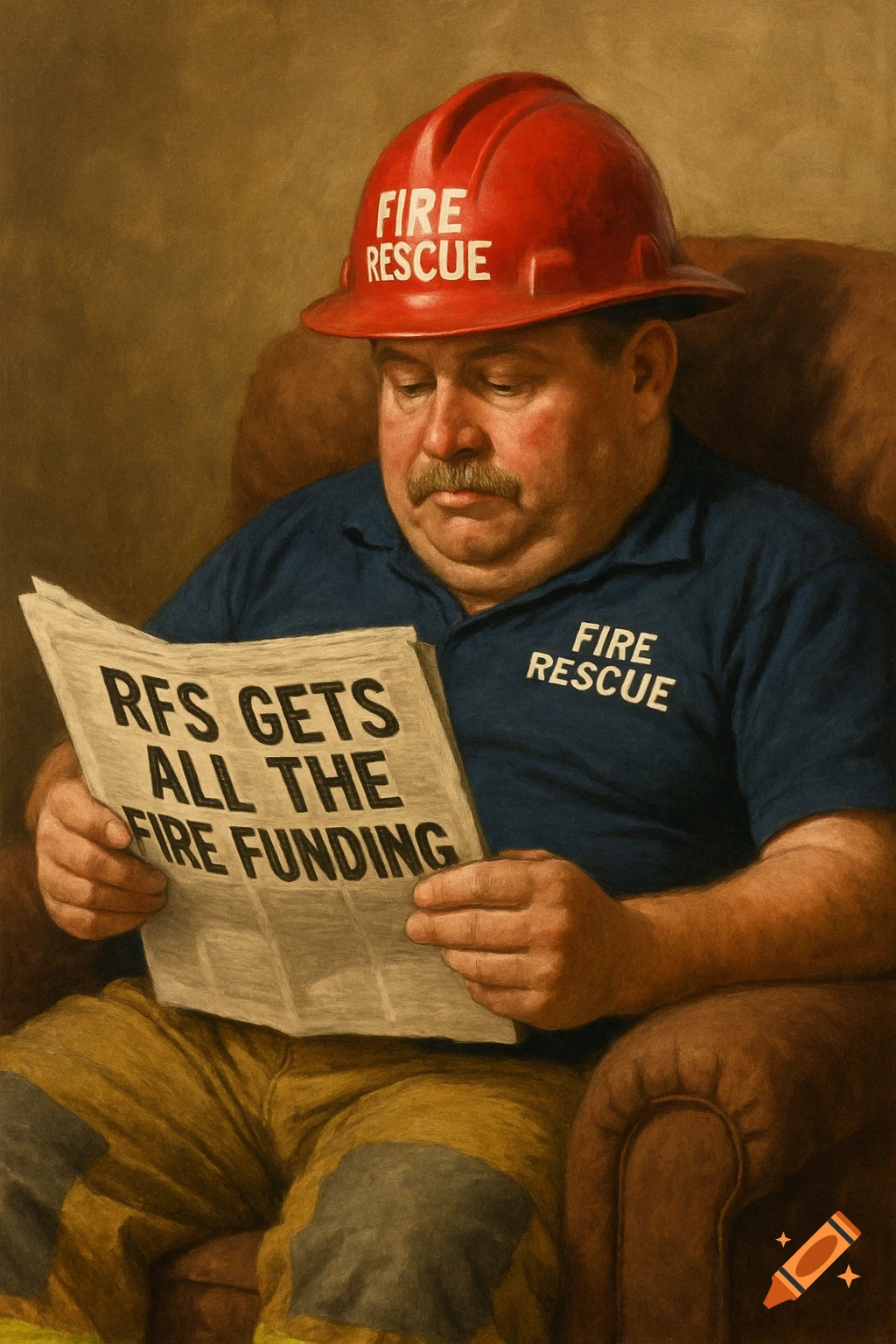 Painting of a firefighter in a red helmet sitting in a chair reading a ...