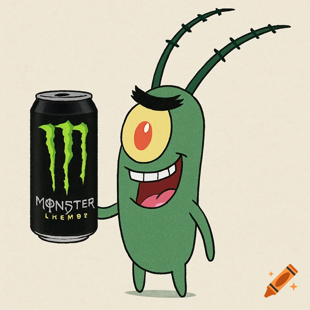 Plankton from SpongeBob SquarePants holds a can of Monster Energy drink ...