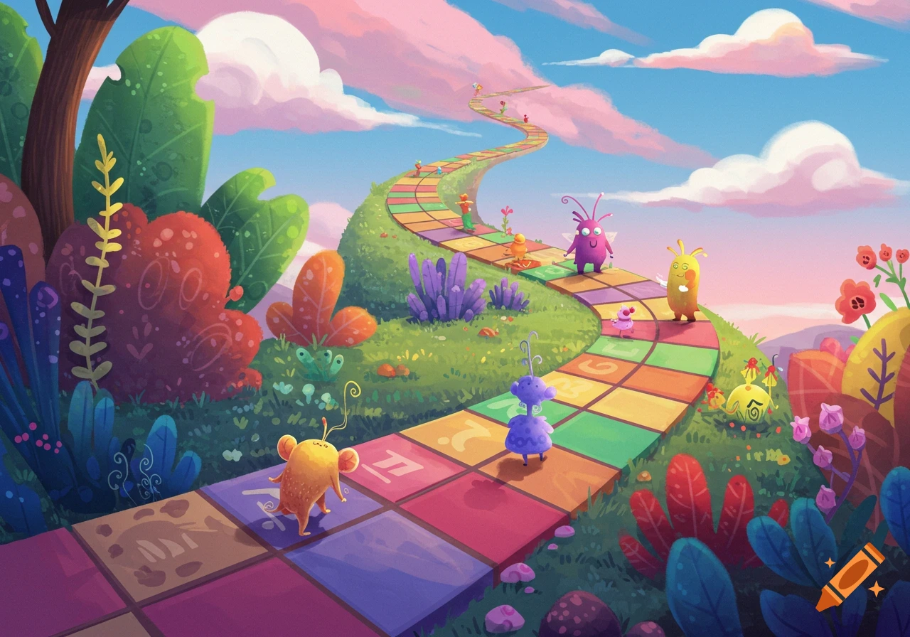 Colorful cartoon monsters walk on a winding game board path through a ...