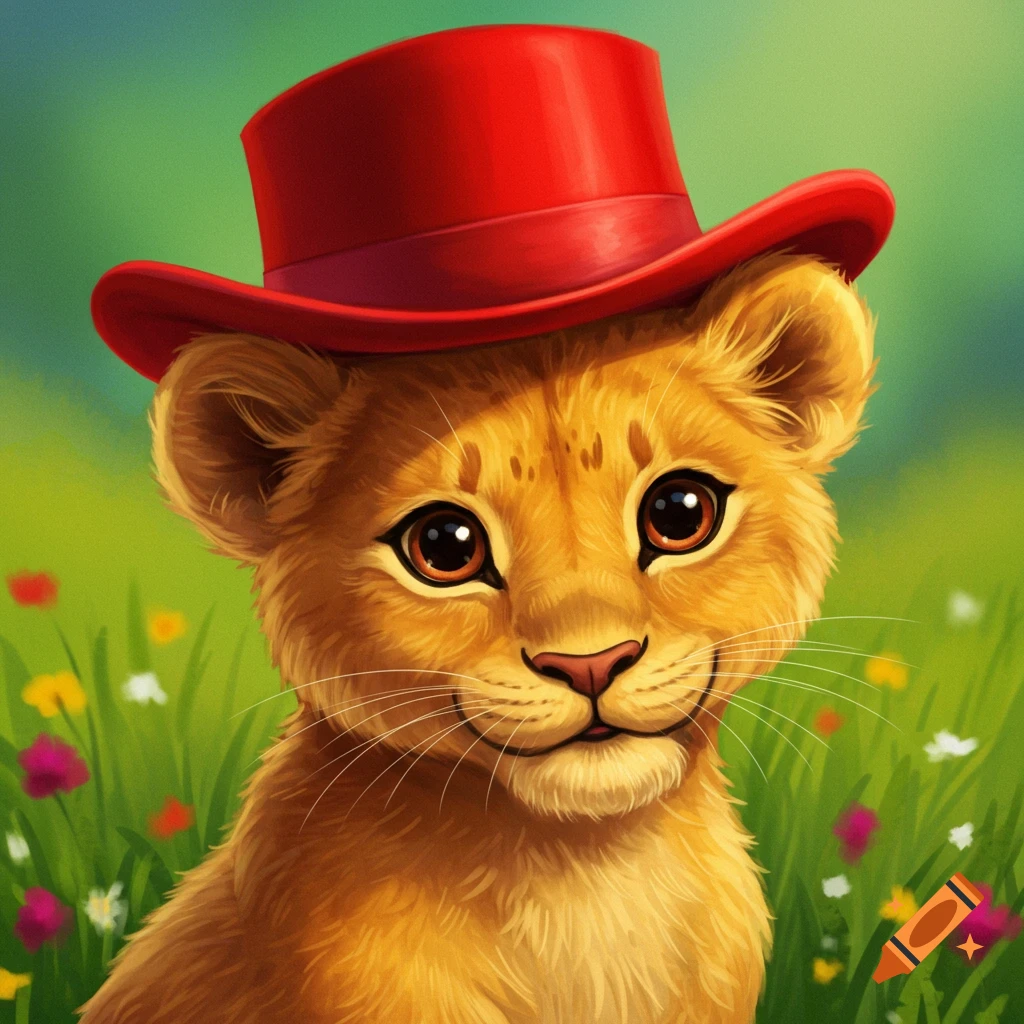 A cute lion cub wearing a red hat sits in a field of colorful flowers ...