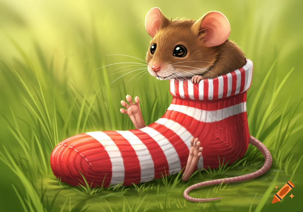 A cute cartoon mouse peeks out of a red and white striped sock in grass ...