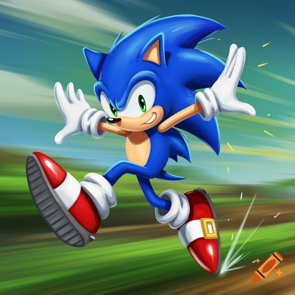 Sonic the Hedgehog running through a landscape in a stylized ...