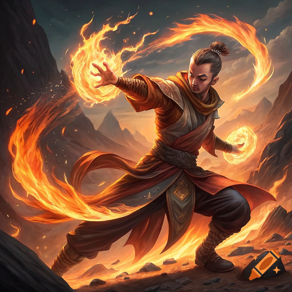 A fire bender in an orange robe conjures fire orbs and streams in a ...