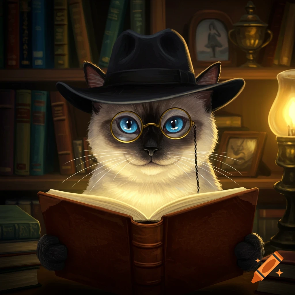 A studious-looking cat in a fedora and monocle reads a book in a ...