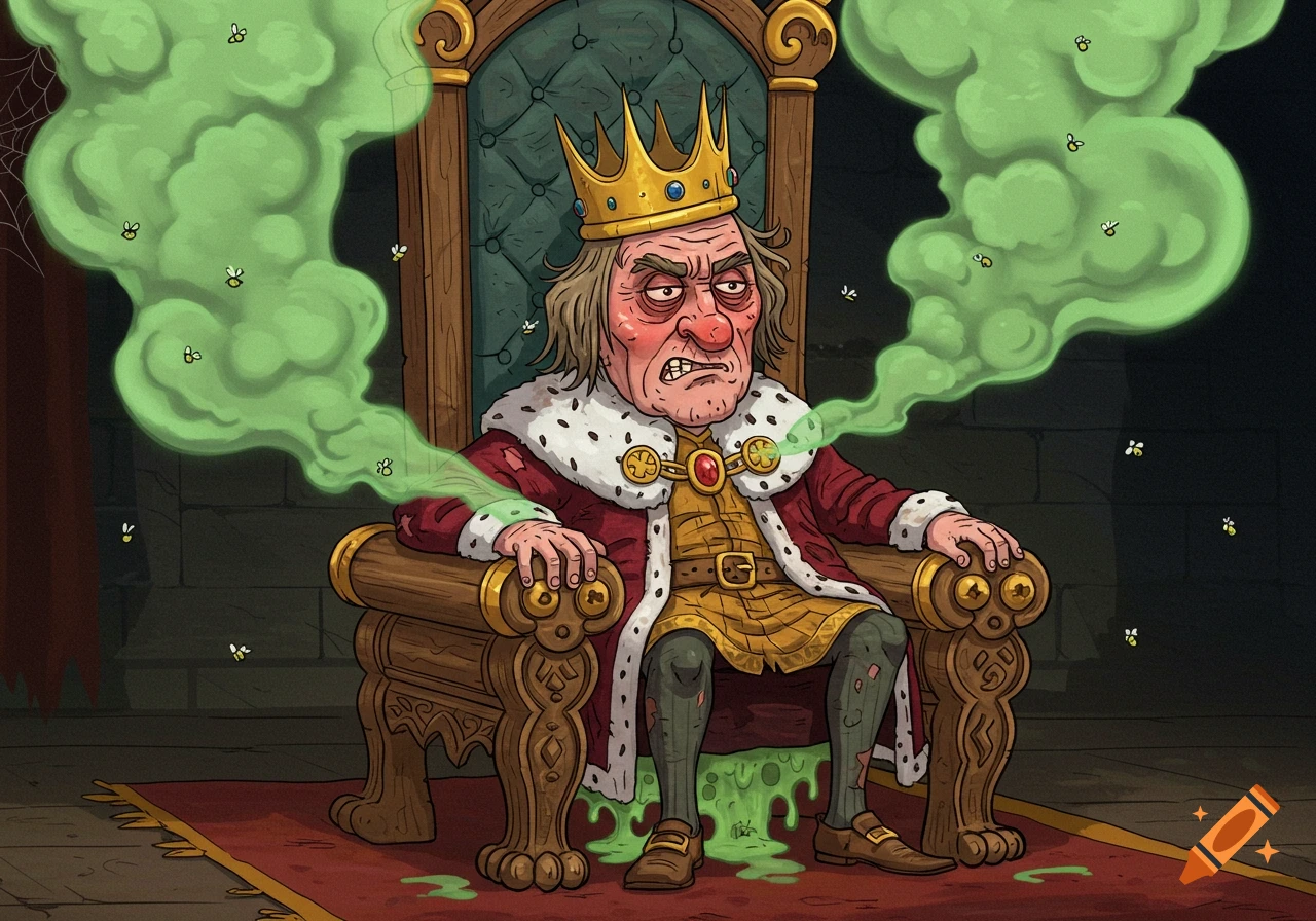 Cartoon illustration of a stinky king on a throne surrounded by green ...