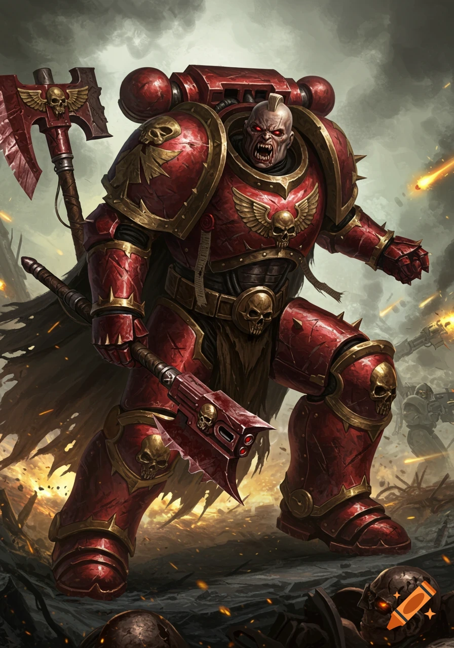 A heavily armored figure in red and gold armor with an axe stands in a ...