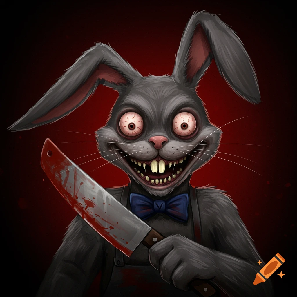 Illustration of a creepy bunny holding a bloody knife. on Craiyon