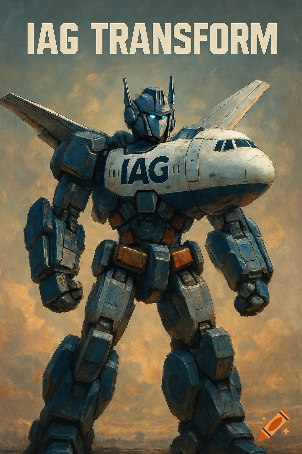 A transformer robot made from an airplane, standing against a sky ...