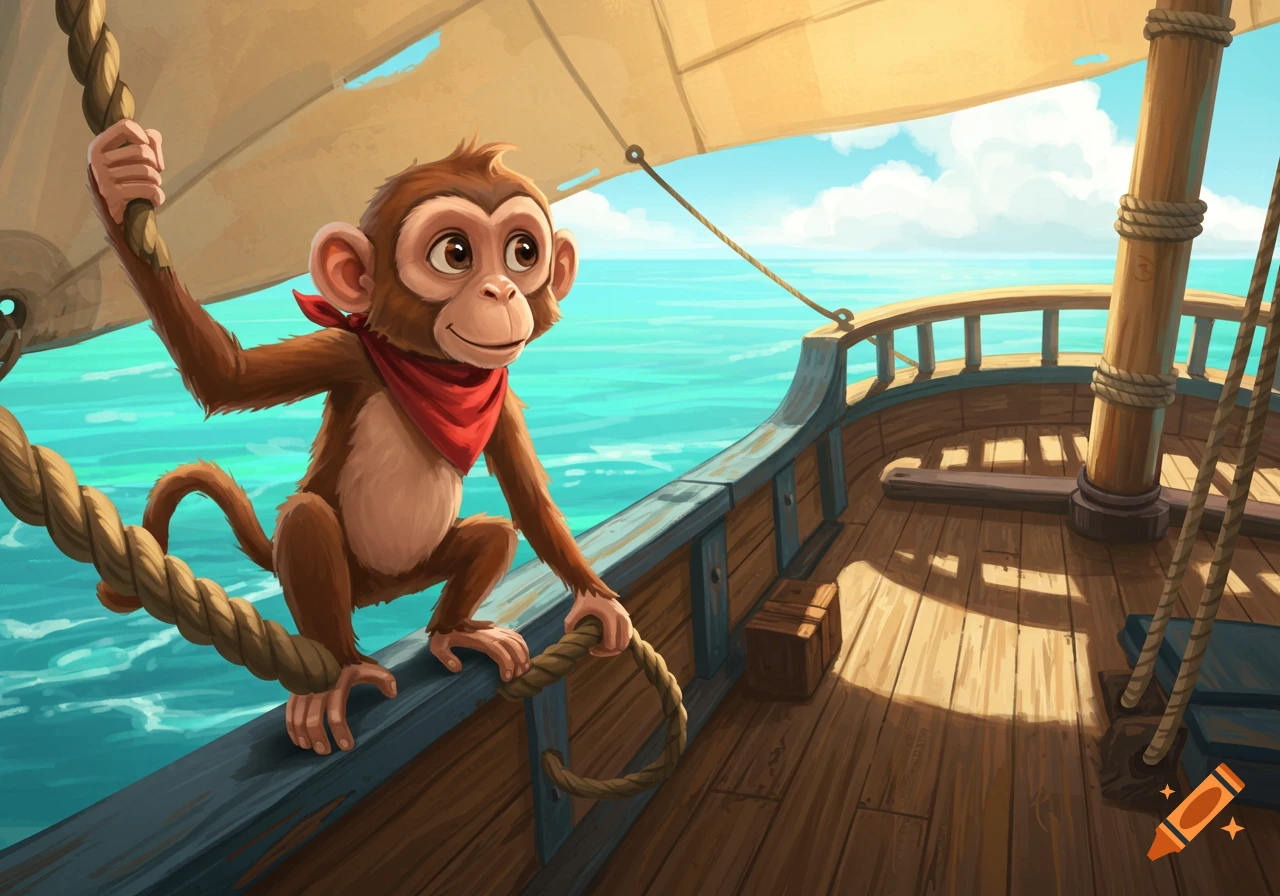 A cartoon monkey wears a red bandana and holds onto ropes on the deck ...