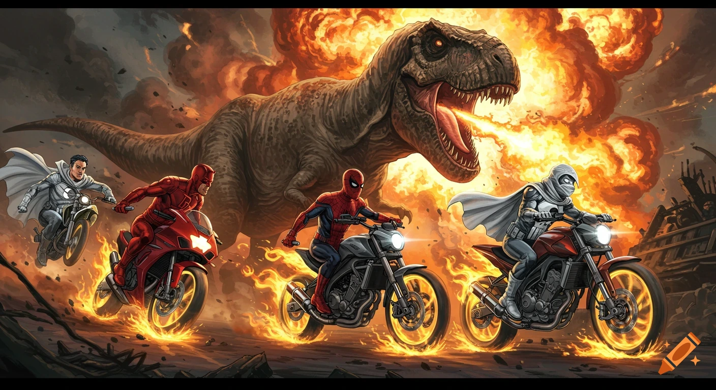 Daredevil, Spider-Man, Moon Knight, and another hero ride flaming ...