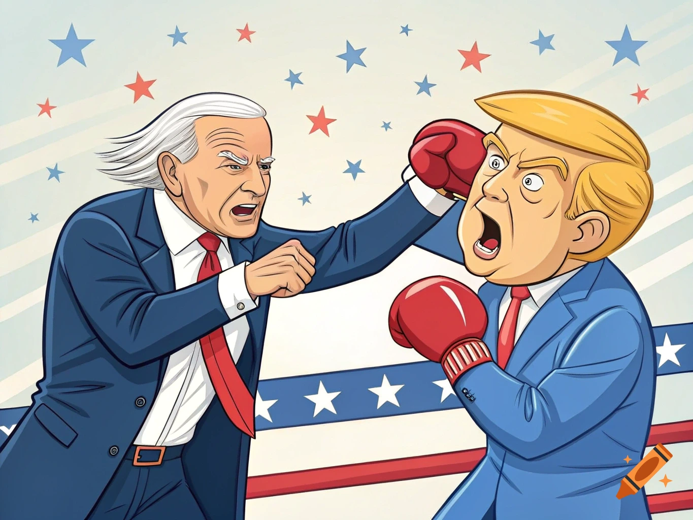 Cartoon of Joe Biden punching Donald Trump in a boxing ring. on Craiyon
