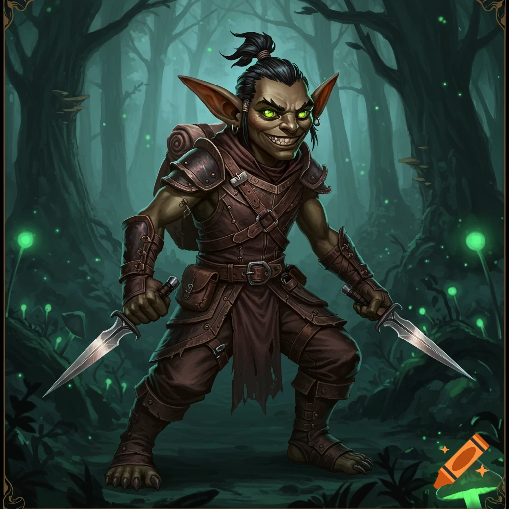 A goblin rogue with knives stands in a dark fantasy forest. on Craiyon