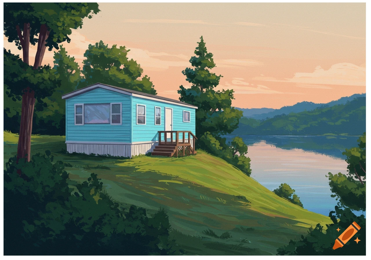 Illustration of a blue mobile home on a grassy hill overlooking a lake ...