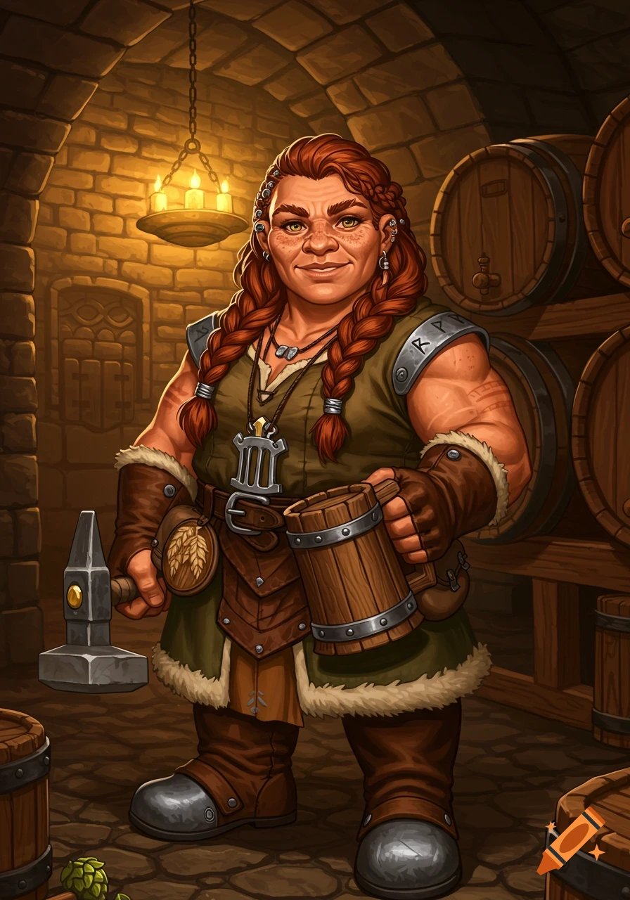 A female dwarf brewer stands in a cellar holding a hammer and a tankard ...