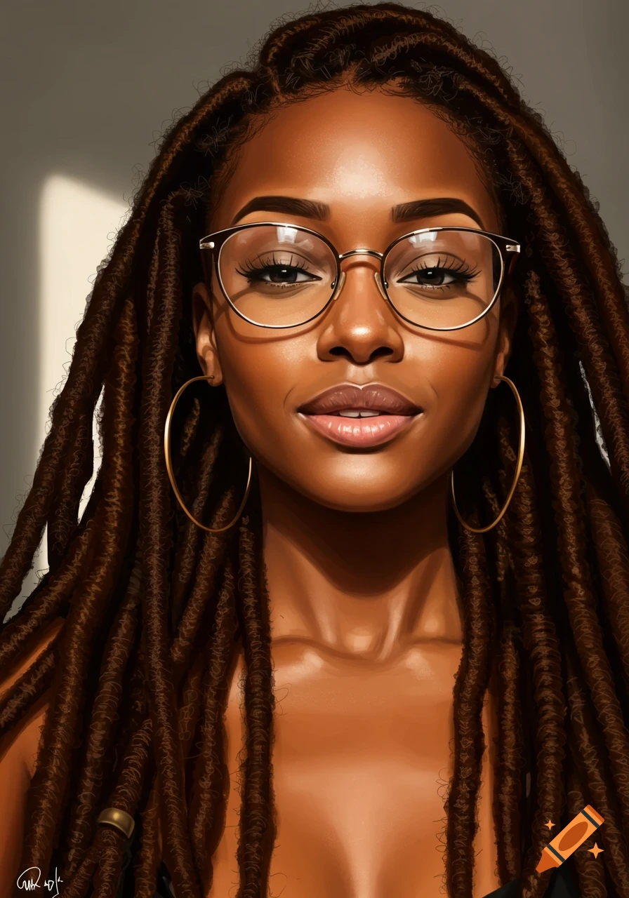 Photorealistic portrait of a Black woman with dreadlocks and glasses ...