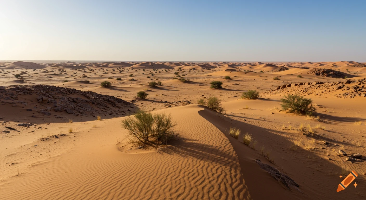 Photorealistic desert landscape with sand dunes, rocks, and scattered ...