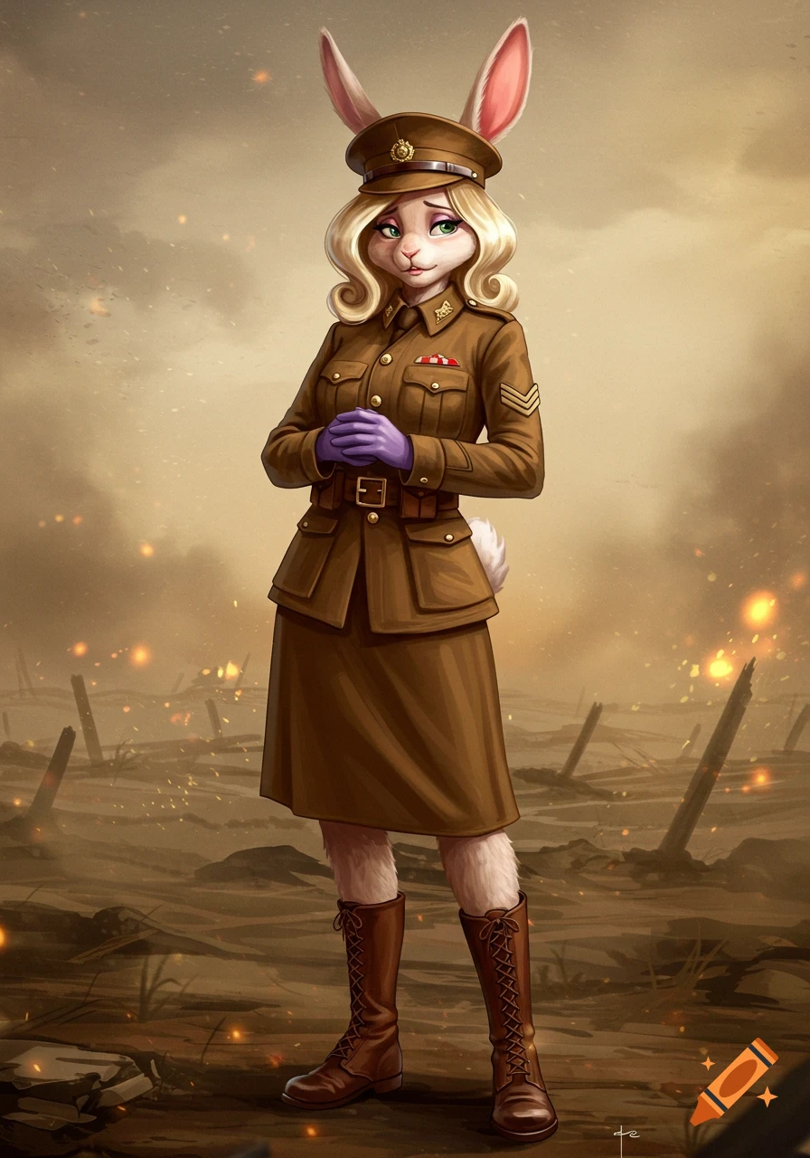 A rabbit humanoid in a WWI-era British military uniform stands in a ...