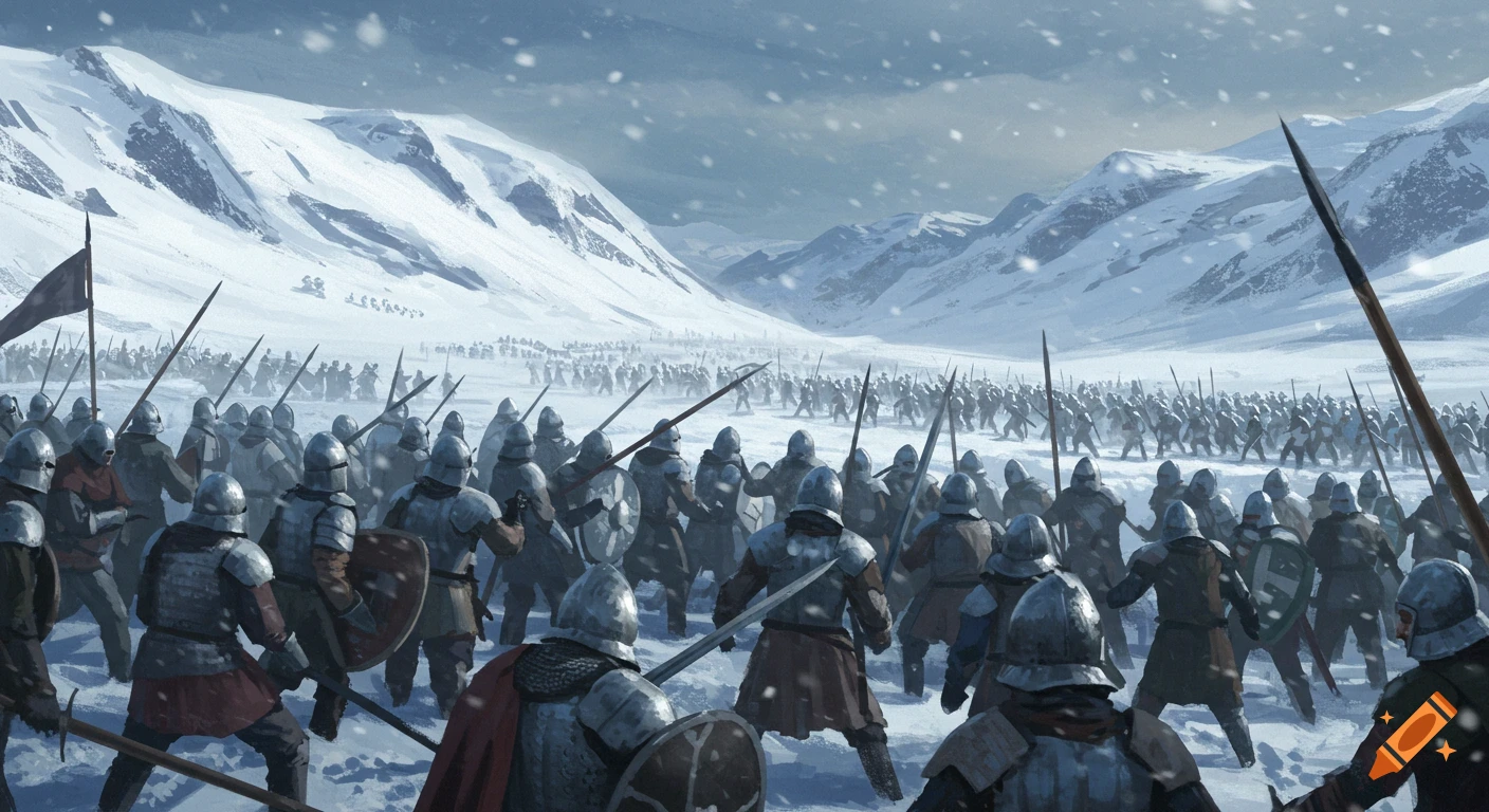 A wide view of two medieval armies wearing heavy armor facing each ...