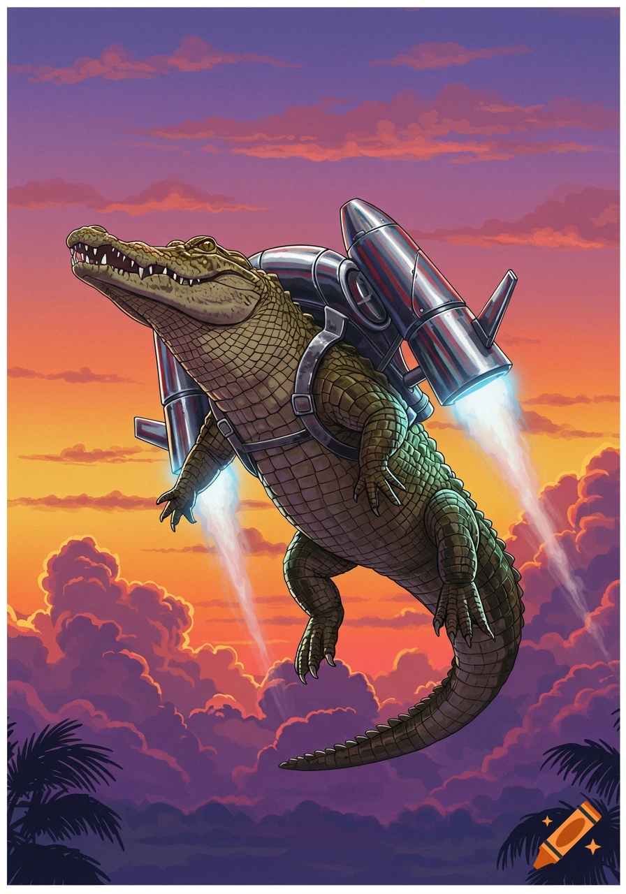 Cartoon illustration of an alligator flying with a jet pack at sunset ...