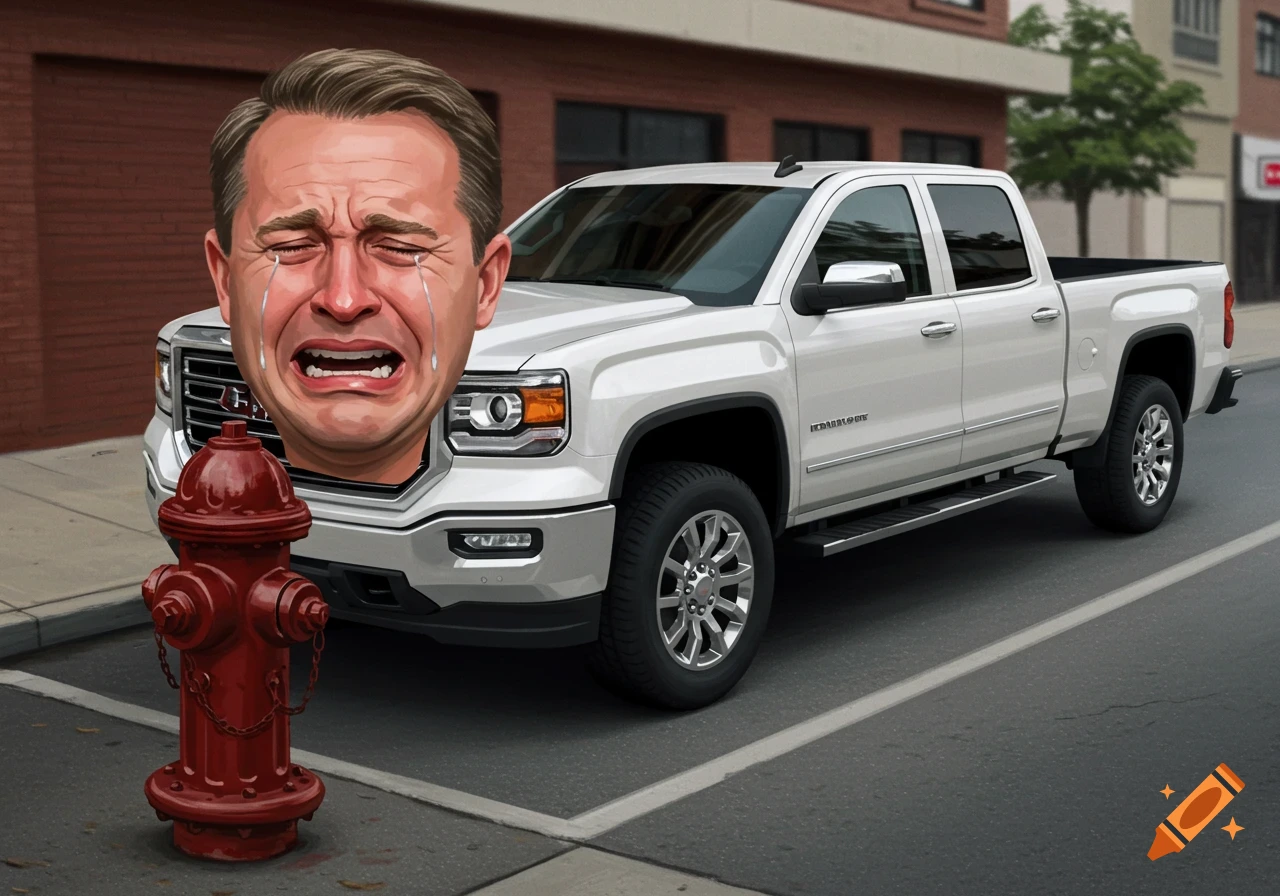 Cartoon crying man's face next to a fire hydrant and white pickup truck ...