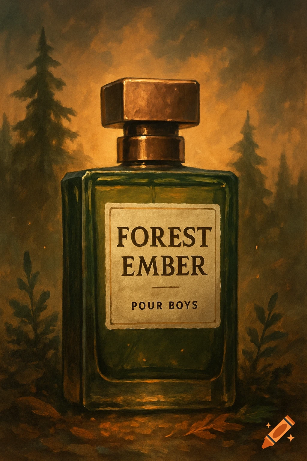 Painting of a green glass perfume bottle labeled 'Forest Ember Pour ...