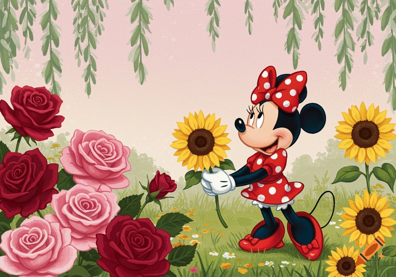 Minnie Mouse in a garden with roses and sunflowers on Craiyon