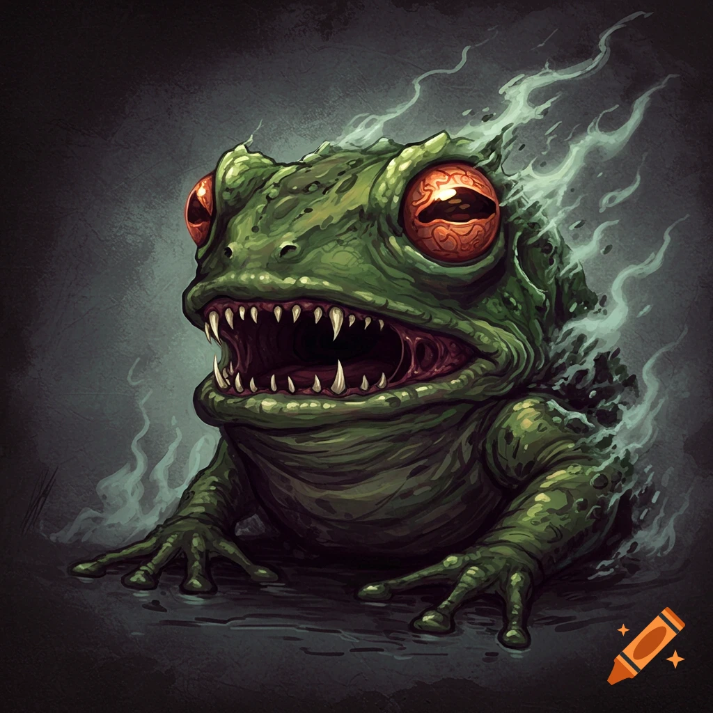 A death metal style illustration of a monstrous green frog with red ...