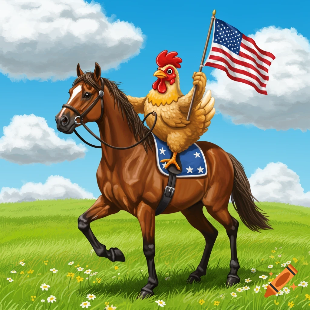 Cartoon chicken riding a horse while holding an American flag in a ...