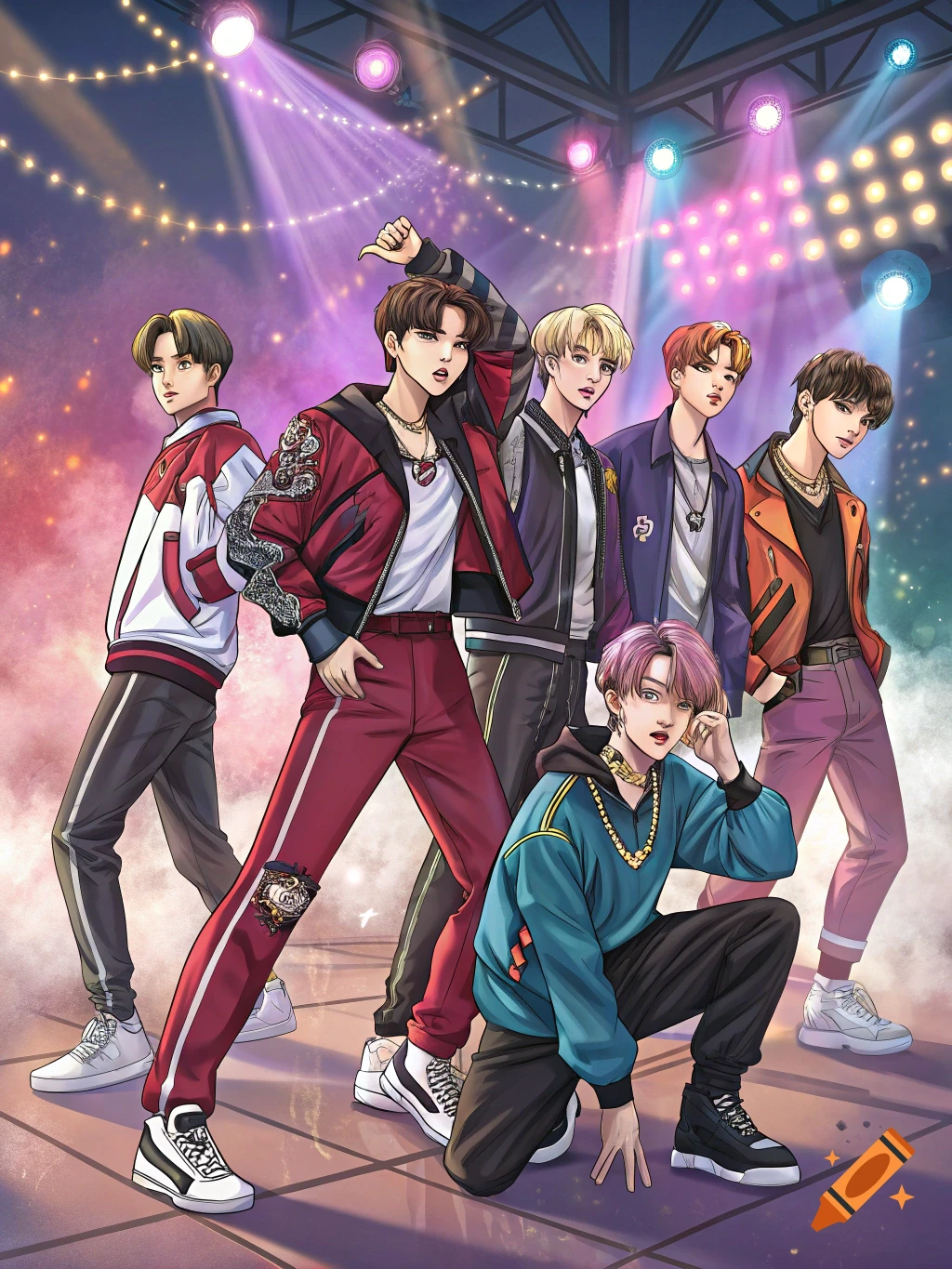 Anime illustration of a Kpop group performing on stage under spotlights ...