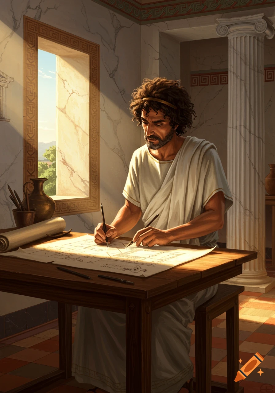 Ancient Athenian man drawing architectural plans in a room with a ...