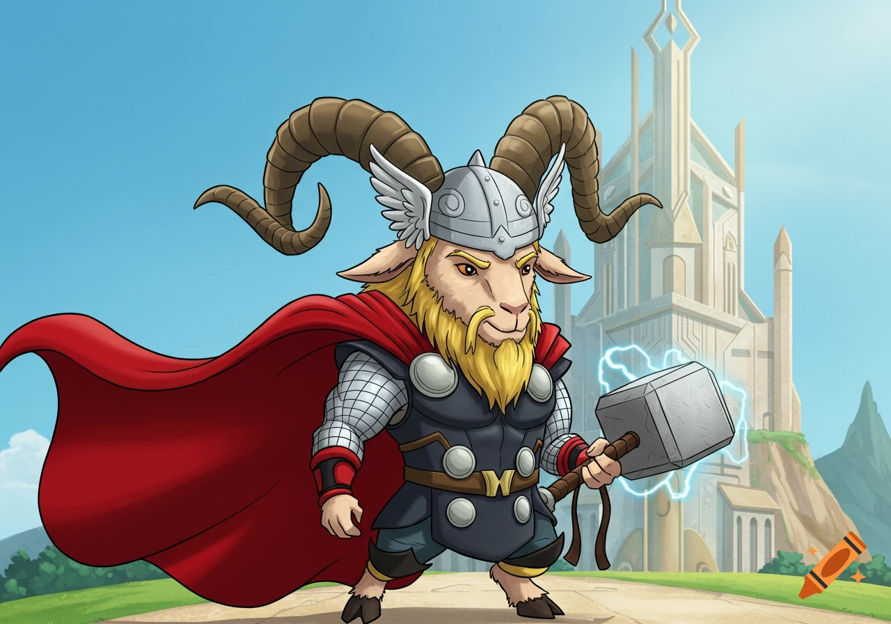 Cartoon anthropomorphic goat dressed as Thor holding Mjolnir in front ...