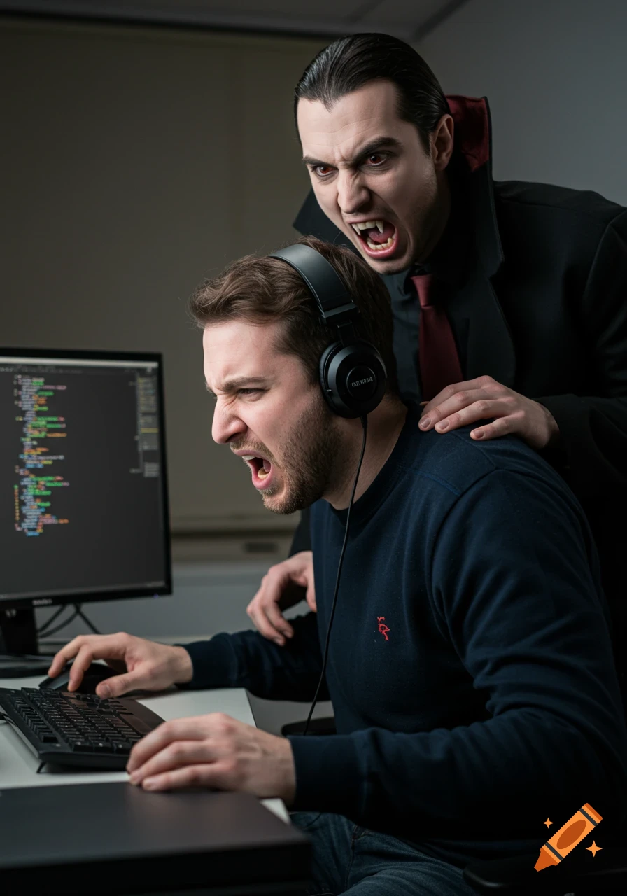 A vampire leans over a programmer working intently at a computer, baring fangs with an ...