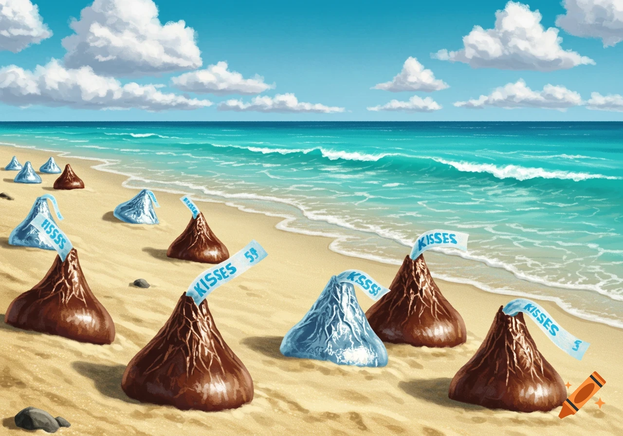 Hershey Kisses candies scattered on a sandy beach with waves rolling in ...