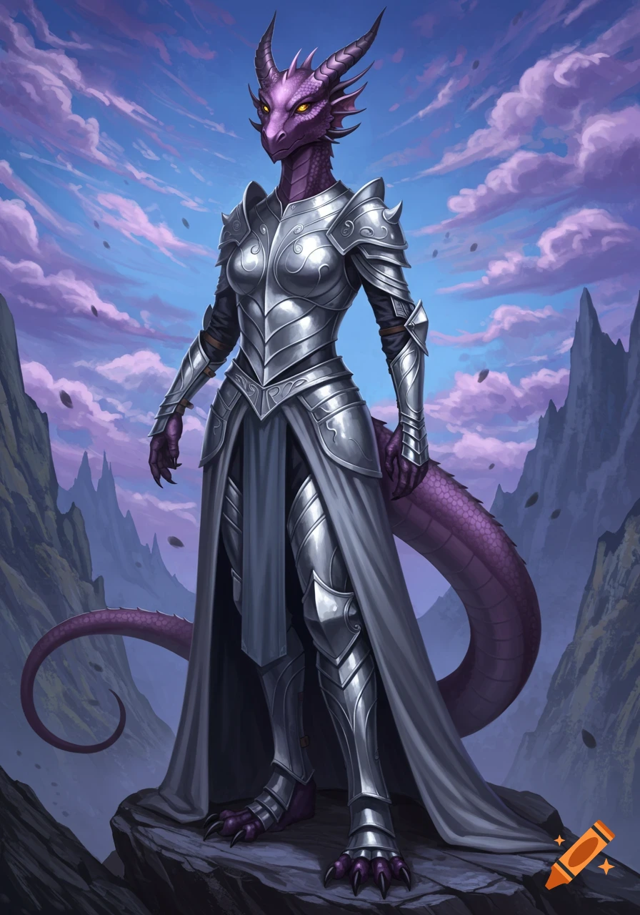 Purple humanoid dragon in silver armor stands on rock in mountain ...