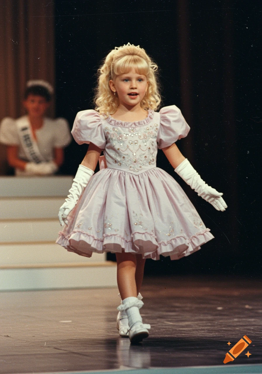 1990s photo of a young girl in a pink pageant dress and white gloves ...
