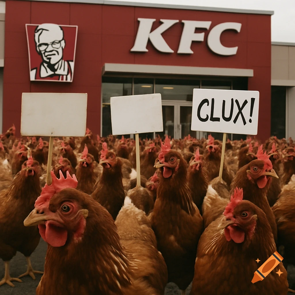 Angry mob of chickens protesting in front of a KFC restaurant, some ...