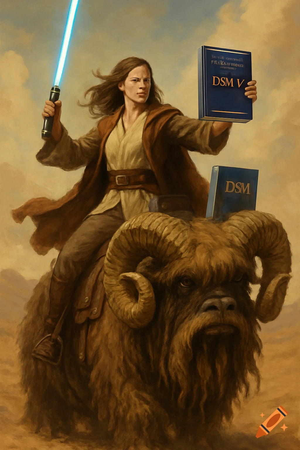 Digital painting of a female Jedi riding a furry beast, holding a ...