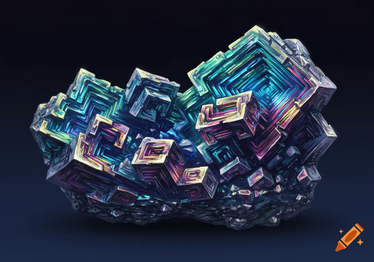 An artistic rendering of iridescent bismuth crystals with stepped cubic ...