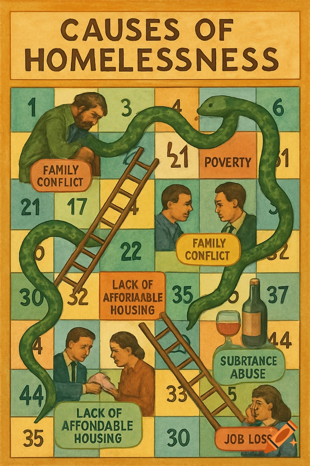 Illustration of a board game about causes of homelessness, with squares ...