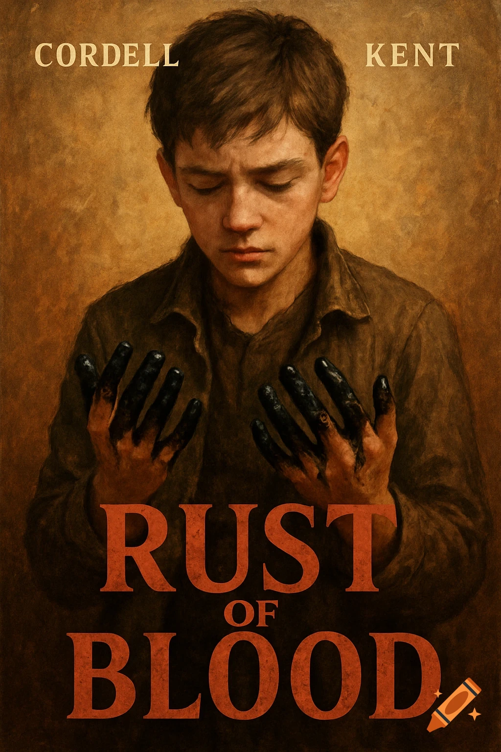 A portrait illustration of a young boy looking down at his hands covered in black. Text reads ...