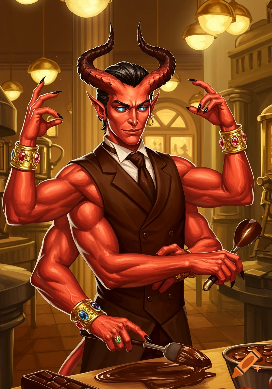 Four-armed devil character with horns and blue eyes making chocolate in a workshop. on Craiyon