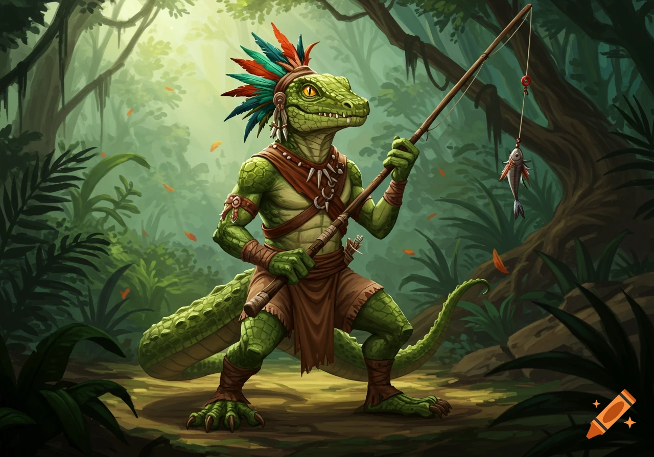 A green reptilian creature in tribal attire stands in a jungle holding ...