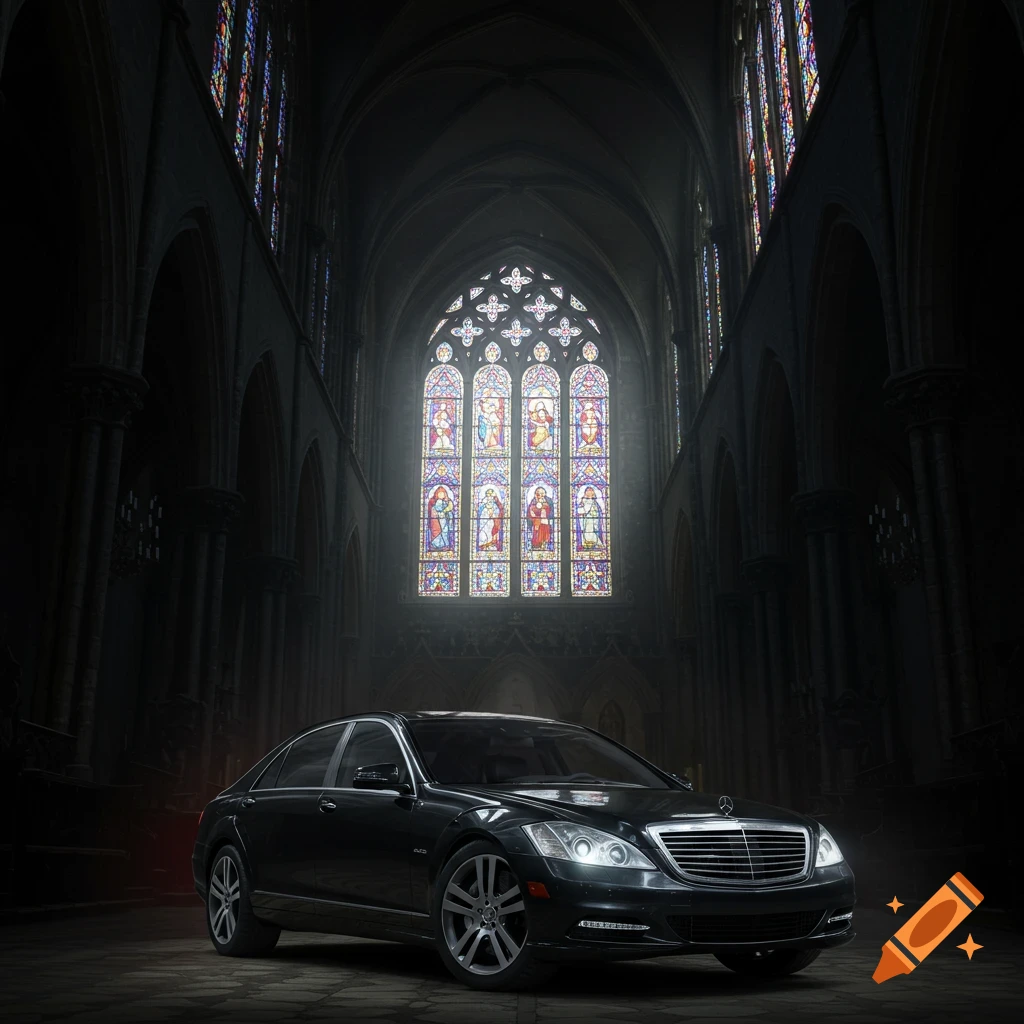 A black Mercedes S-Class car parked inside a dark gothic cathedral with ...