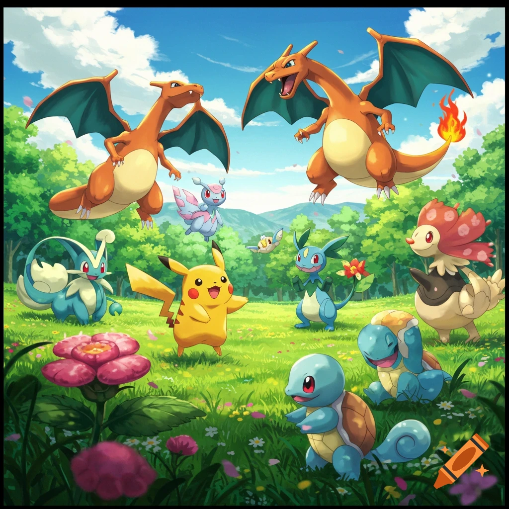 Several Pokemon including Charizard, Pikachu, and Squirtle are in a ...