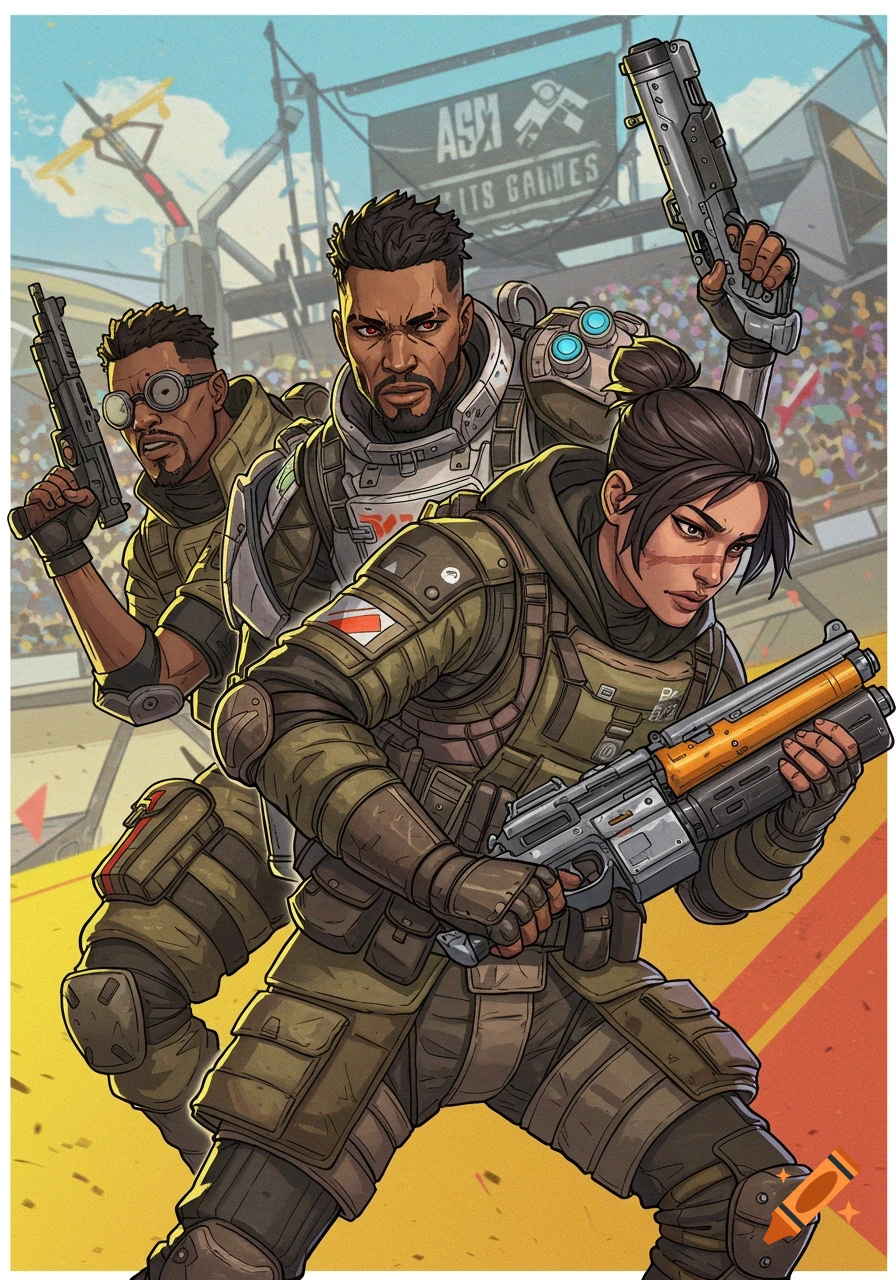 Illustration of three Apex Legends characters in combat gear holding ...