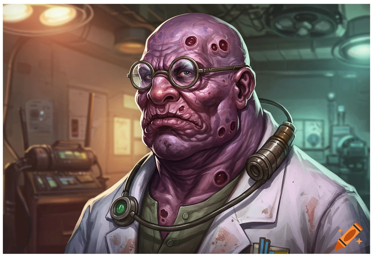 A purple-skinned super mutant doctor with glasses and a lab coat stands ...