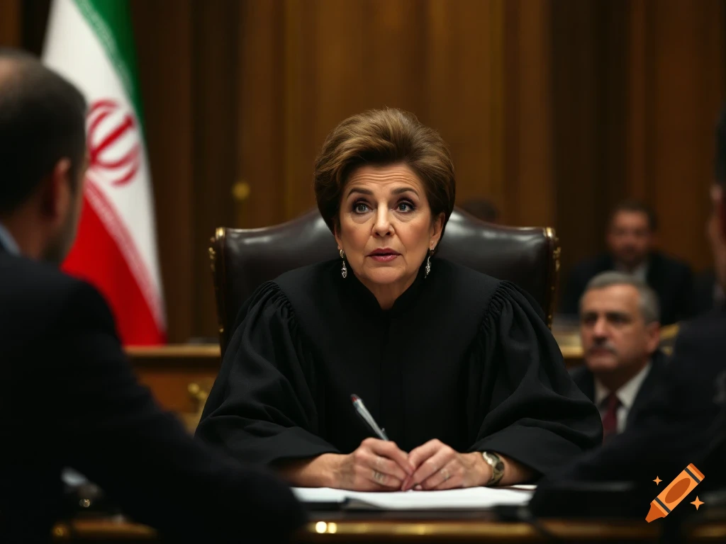 A female judge in a black robe sits at a desk in a courtroom with the ...