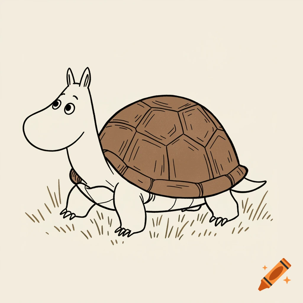 Drawing of a Moomin character with a turtle shell standing on grass. on ...