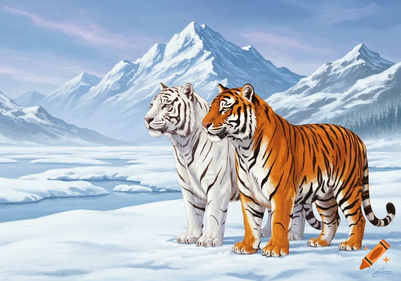 A white tiger and an orange Bengal tiger stand in a snowy landscape ...