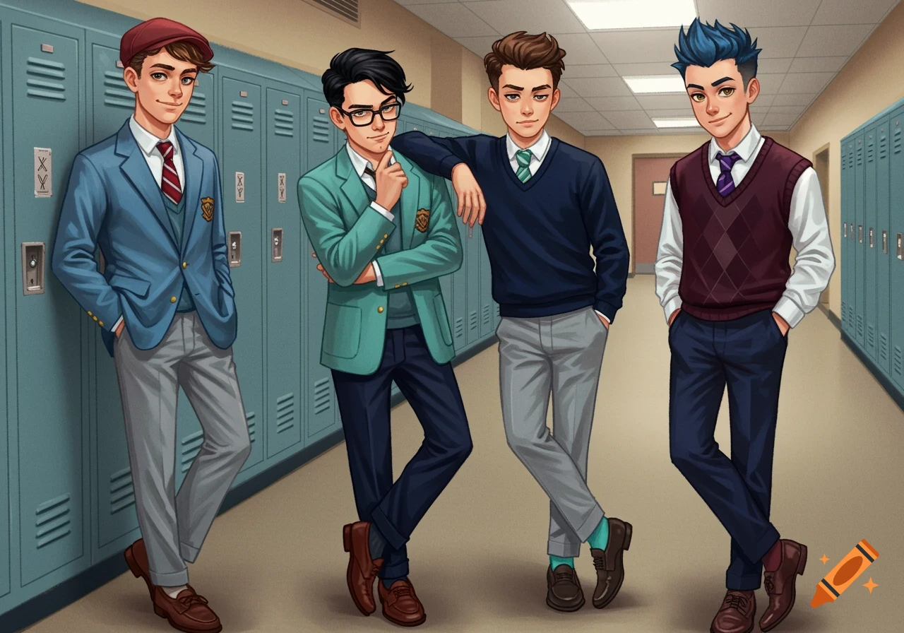 Four preppy teenage boys in a school hallway, anime style. on Craiyon